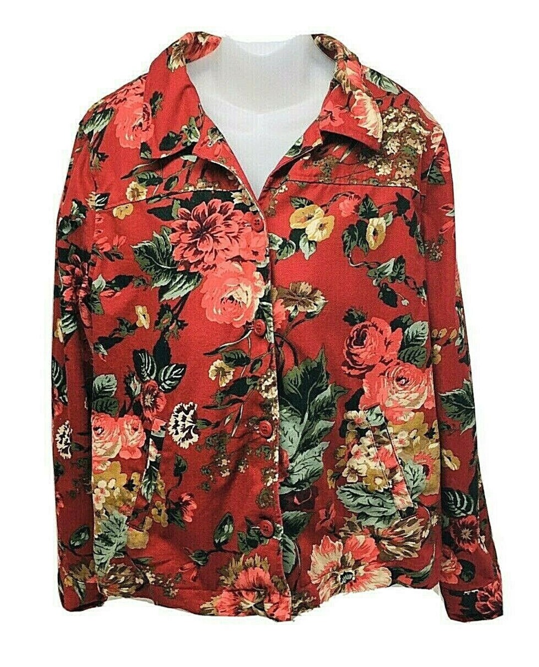 Appleseed's RED W Pink Roses Floral Womens Jacket 100% Cotton Sz XL T01 ...