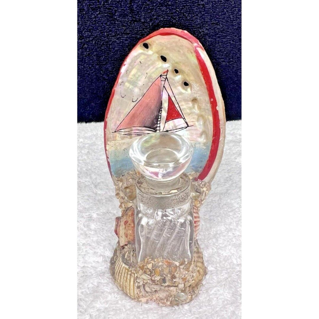 Antique Seashell Art Perfume Bottle Stand W Bottle & Hand Painted ...