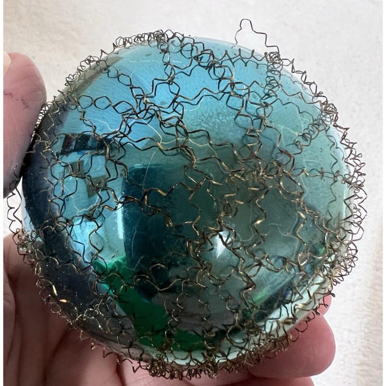 Vintage Bright Blue Glass Crinkle Wire Ball Christmas Ornament Austria ...