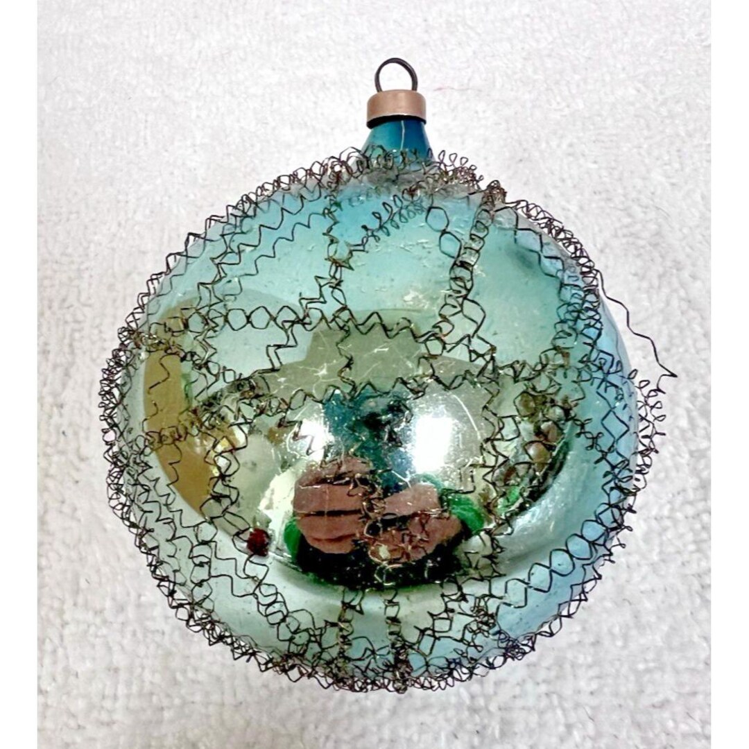 Vintage Bright Blue Glass Crinkle Wire Ball Christmas Ornament Austria ...