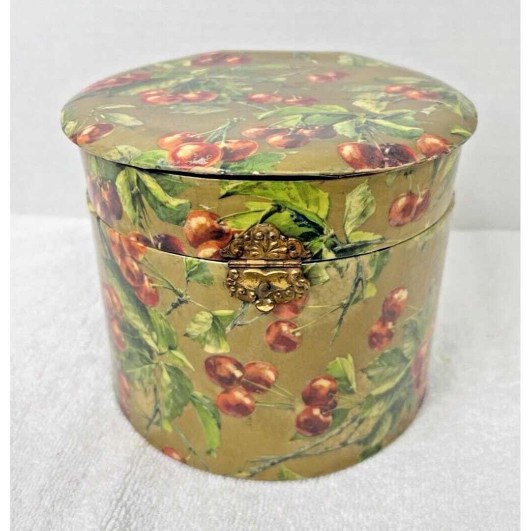 Victorian Collar Box W Ruby Red Cherry Design on Gold Paper Over Wood W ...