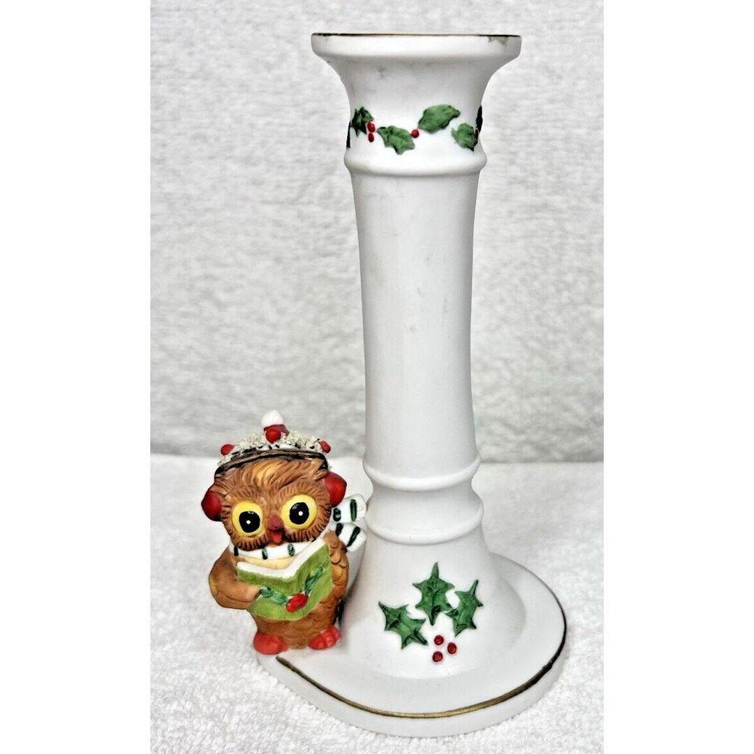 1977 ENESCO Christmas Owl Singing Candlestick Holder Holly Berries ...