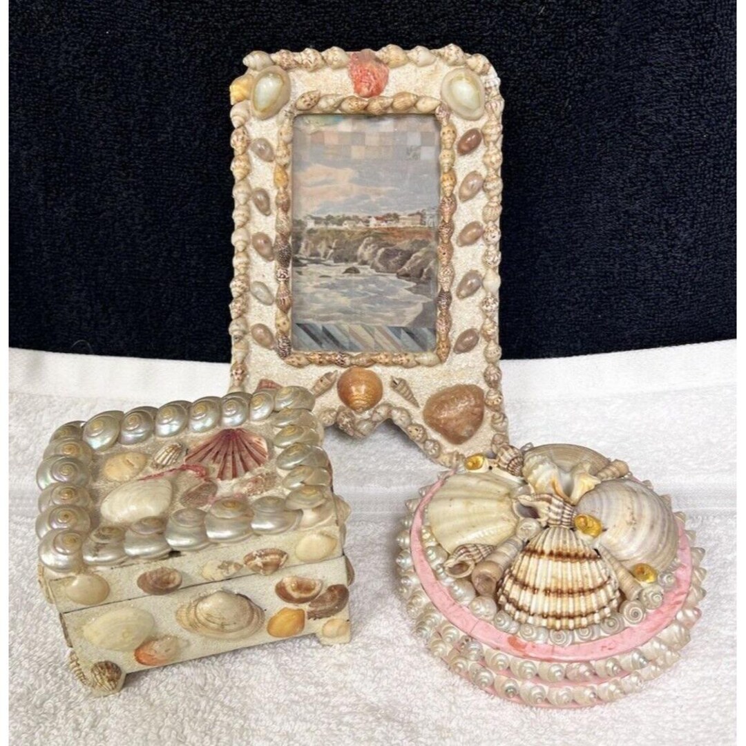 3 Vintage Seashell Art Boxes and Photo Frame Italy Japan Sea Shells ...