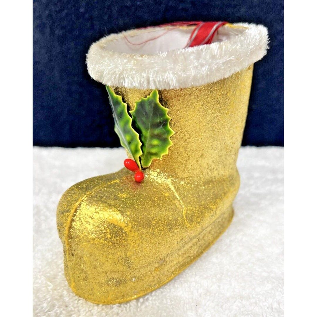 Vintage 1950s Shiny Gold Christmas Santa Boot Candy Holder 3 3/4" Tall ...
