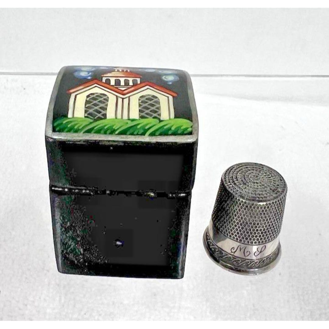 Lacquerware Thimble Box W Sterling Silver Thimble Hand Painted Building ...