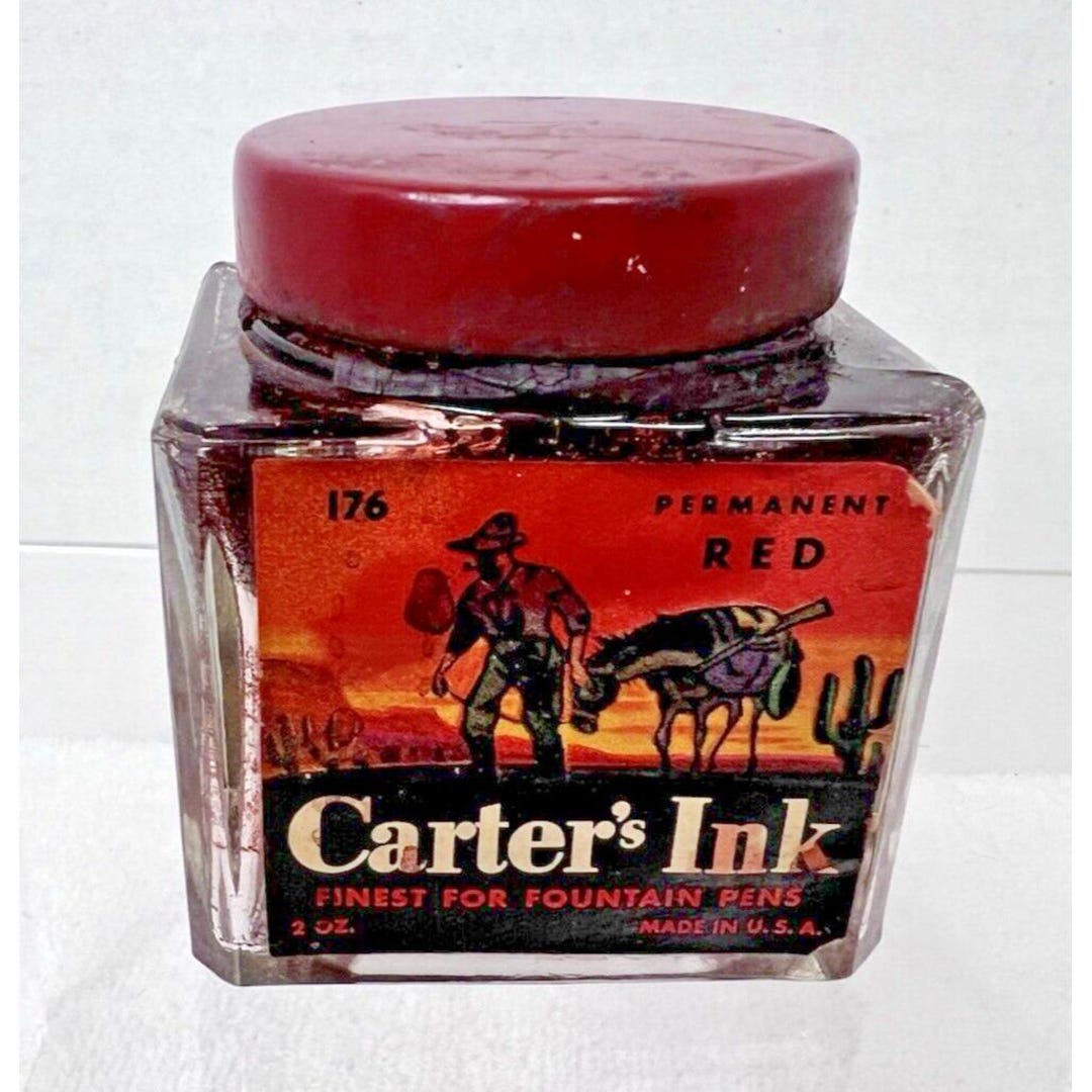Vintage Carter's Fountain Pen Ink Bottle Permanent RED Paper Label ...
