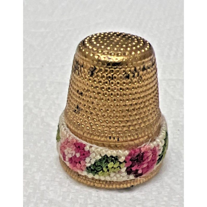 Vintage Thimble W Micro Petite Point Pink Rose Floral Band Gold Tone ...