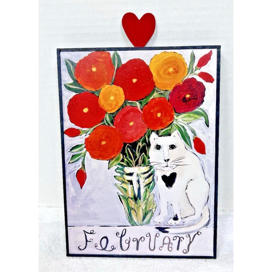 1998 Nancy Thomas February Calendar White Cat Black Heart Plaque 9 7/8 ...
