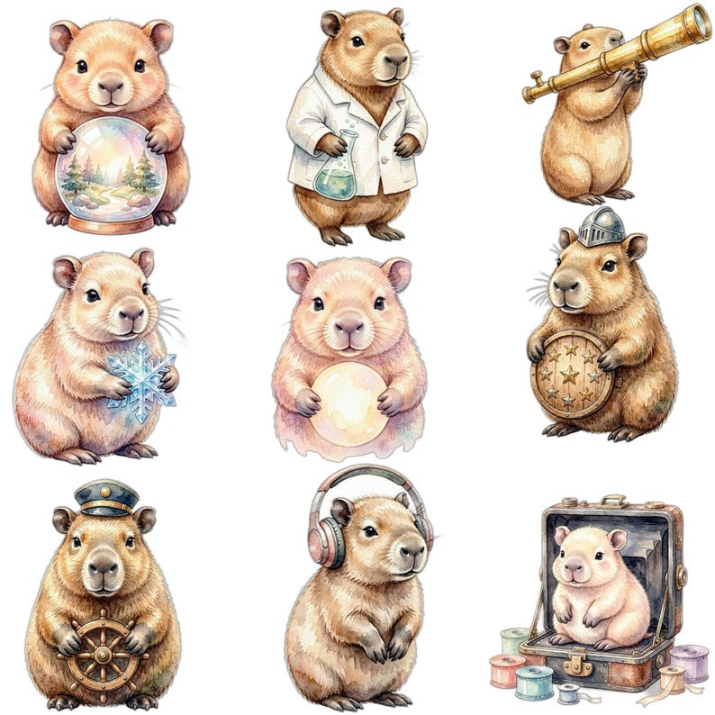 Watercolor Capybara PNG Bundle, Whimsical Animal Clipart (digital ...