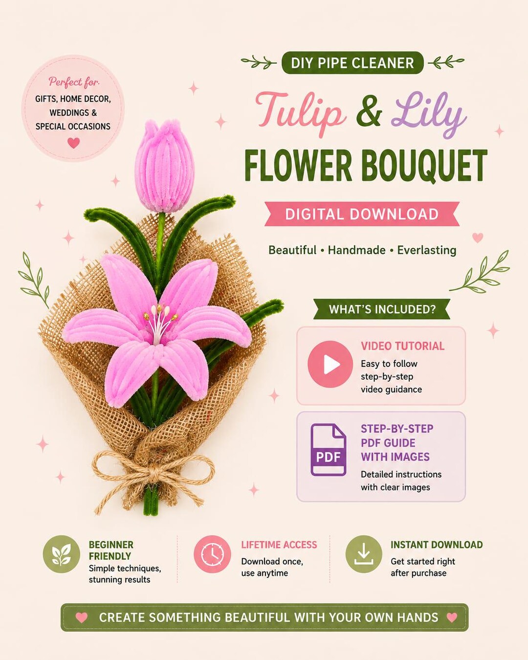 Pipe Cleaner Tulip & Lily Tutorial PDF + Video | DIY Flower Bouquet ...