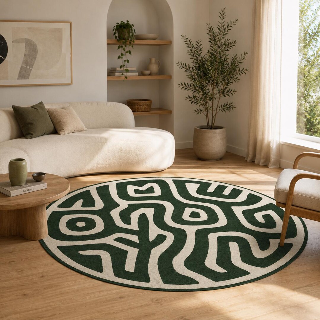 Forest Green Round Rug, Abstract Symbol Carpet, Boho Room Decor - Etsy