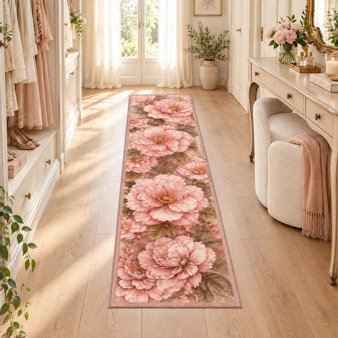 Pink Floral Runner Rug, Romantic Botanical Decor, Bedroom Accent - Etsy