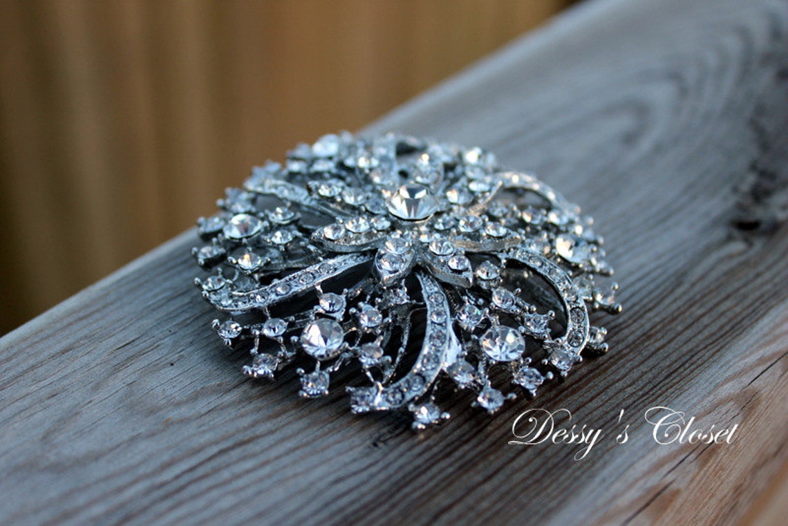 Sparkly Elegant Silver Brooch With Clear Rhinestones - Etsy