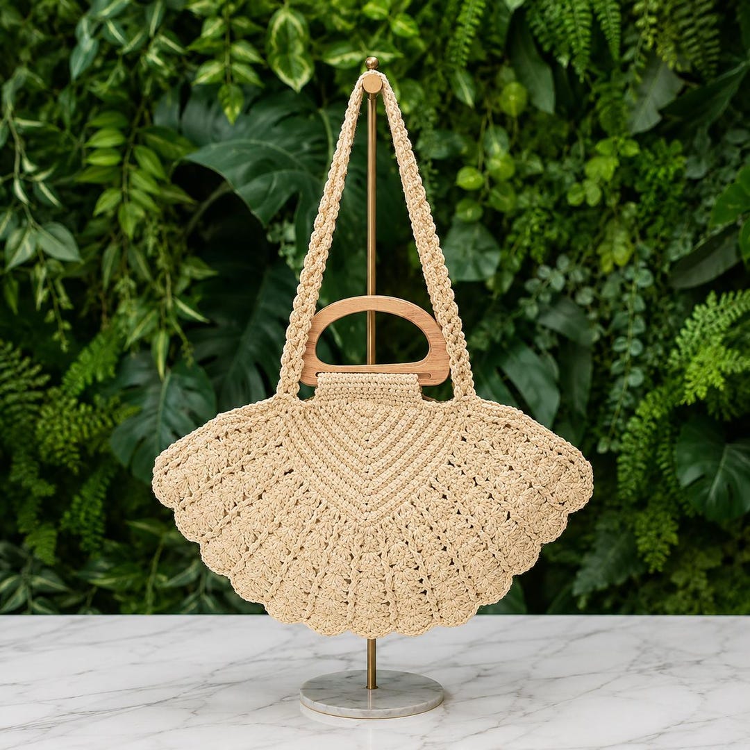 Handmade Crochet Shell Handbag, Wooden Handle Tote, Boho Summer Beach ...