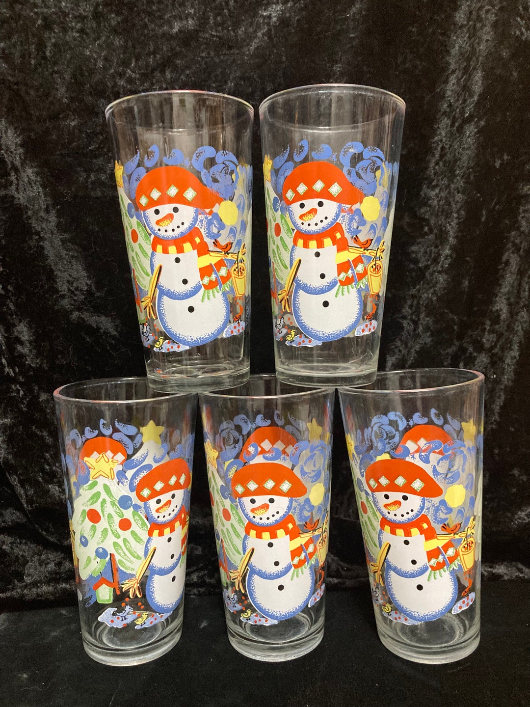 Snowmen Glasses With Decorated Christmas Trees Signed Indonesia Set of ...