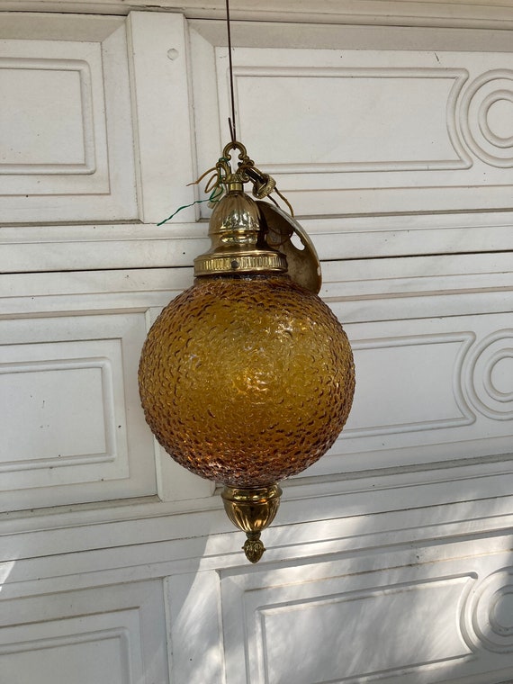 Hanging Ceiling Light in Glowing Amber Patterned Glass | Etsy