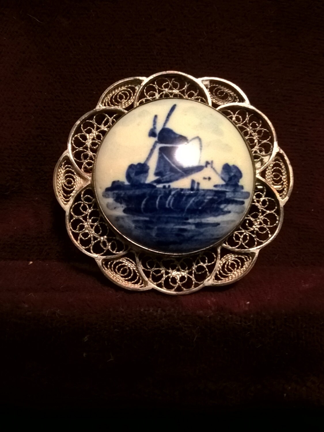 Delft, Hand Painted Porcelain Brooch, Set in Sterling Filigree, - Etsy