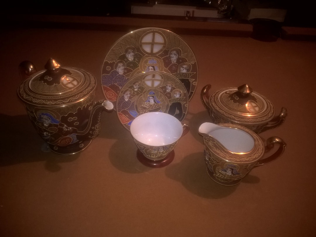 Japanese Satsuma Moriage Tea Set Blue Madonna With Immortals by Kutani ...