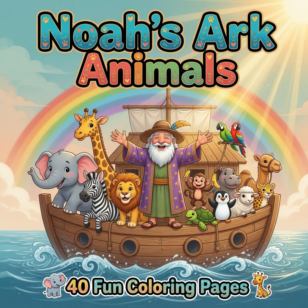 Noah's Ark Animals Coloring Book – 40 Easy Pages for Kids (digital ...