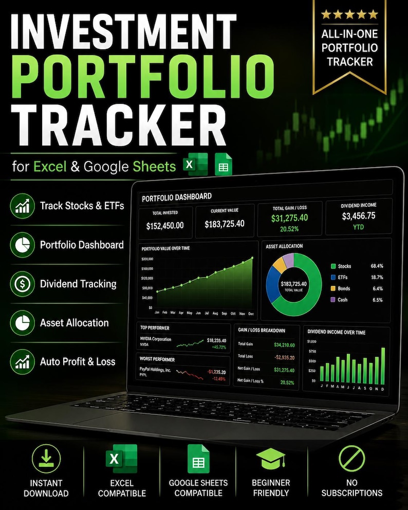 Investment Portfolio Tracker Excel Spreadsheet | Stock & ETF Tracker ...