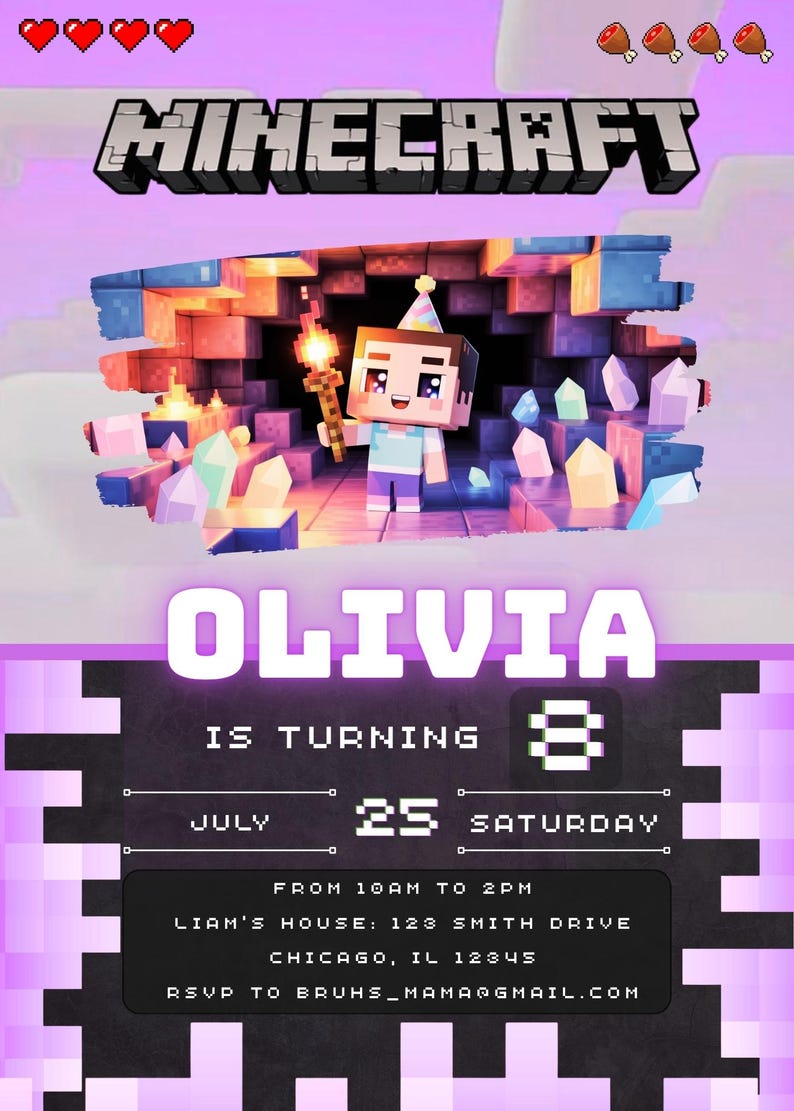 Minecraft Birthday Party Invitations | Canva Digital Invitation | Chibi ...