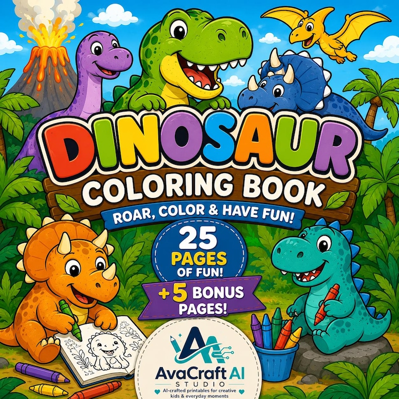 Dinosaur Adventure Coloring Book | 30 Pages Preschool Activity (digital ...