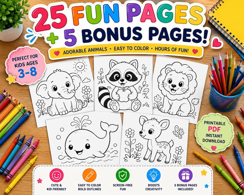 Animals Coloring Book for Kids | 30 Printable Pages (digital Download ...