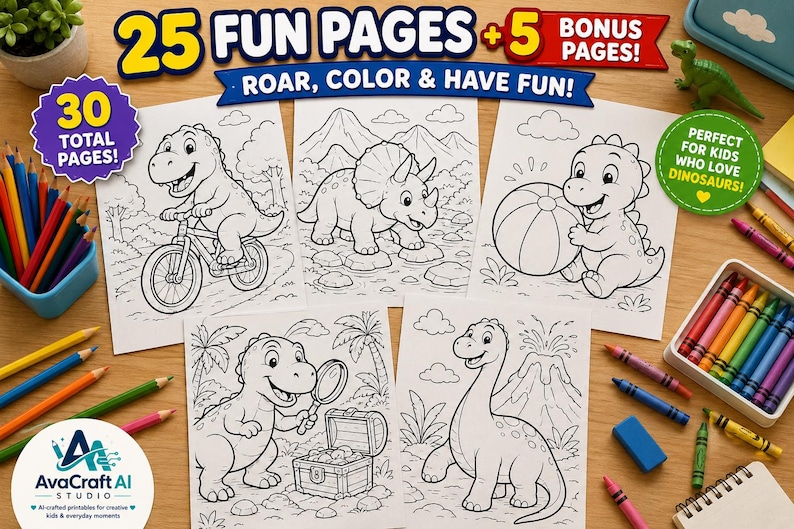 Dinosaur Adventure Coloring Book | 30 Pages Preschool Activity (digital ...