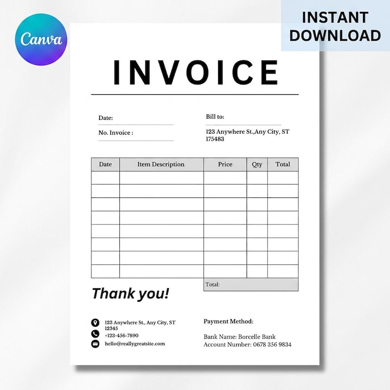 Editable Canva Invoice Template, Minimalist Business Billing Form ...