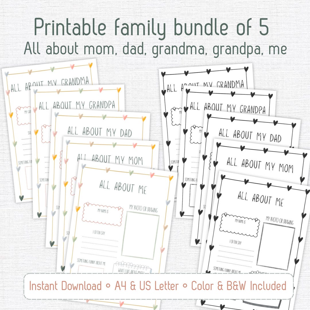 Family Questionnaire Printable Bundle, All About Mom Dad Grandma ...