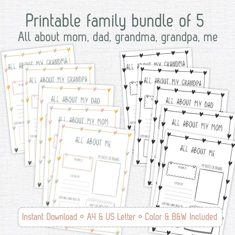 Family Questionnaire Printable Bundle, All About Mom Dad Grandma ...