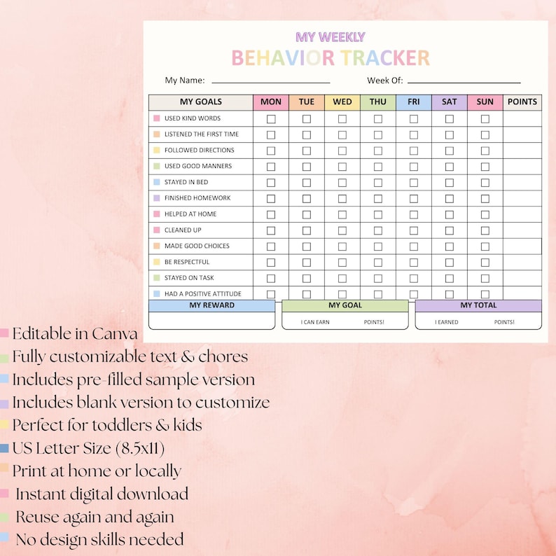Editable Weekly Behavior Chart for Kids, Reward Tracker, Printable ...