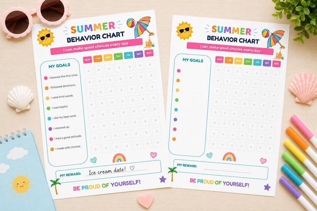 Summer Behavior Chart Printable for Kids | Weekly Reward Tracker PDF - Etsy