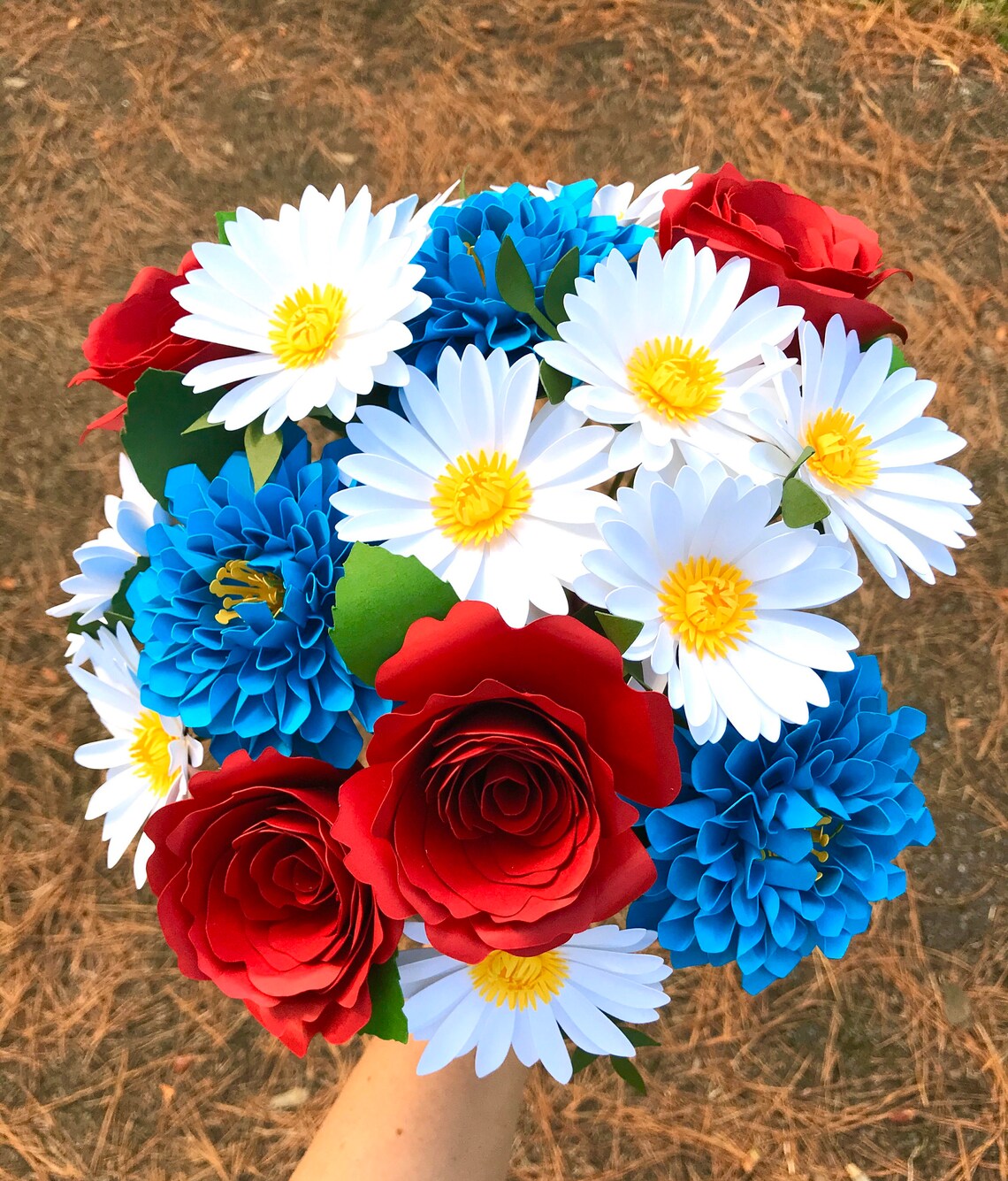 Aqua Dahlias and Red Roses Bouquet White Daisies Wedding | Etsy