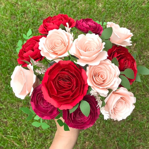 Red Double Peony and Red Roses Paper Flower Bouquet Wedding | Etsy