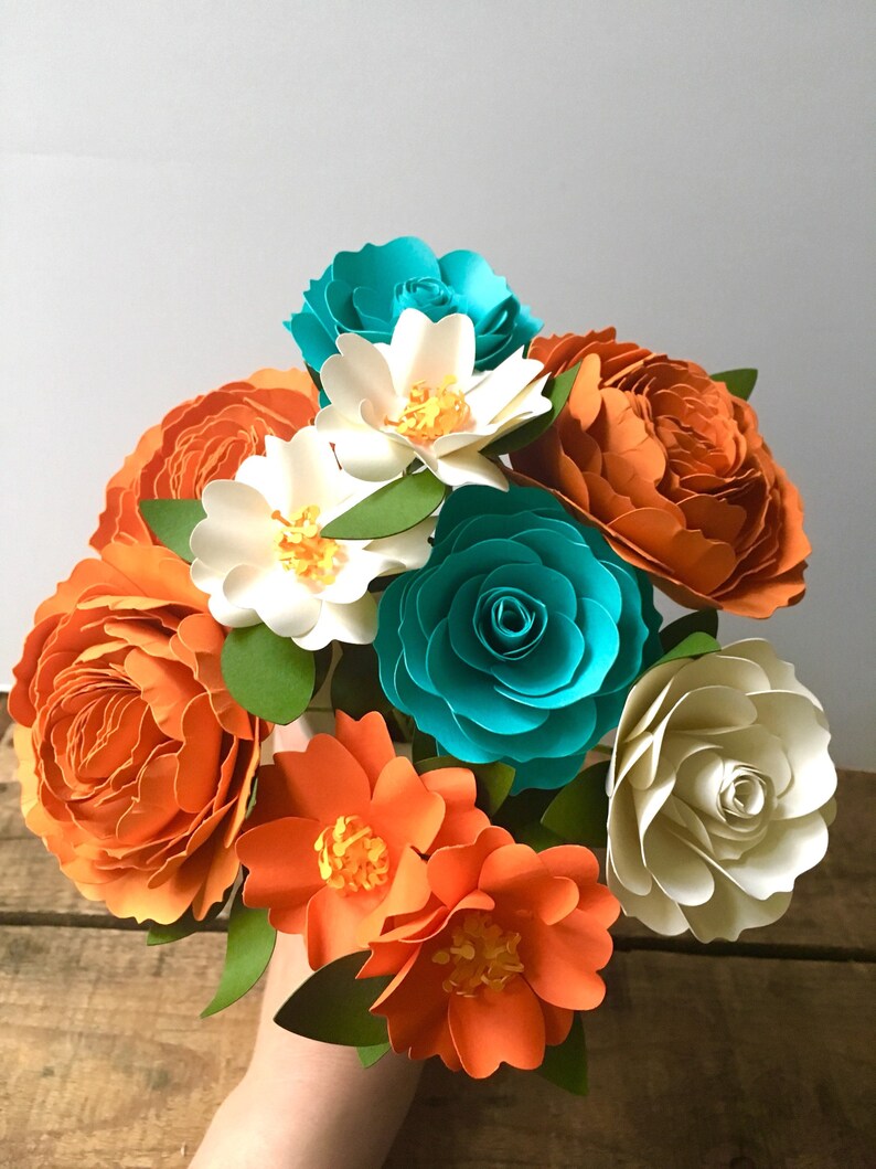 Blue Teal and Tangerine Paper Flower Arrangement First - Etsy