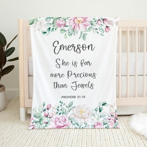 Bible Verse Baby Blanket, Personalized Floral Blanket, She is Far More ...