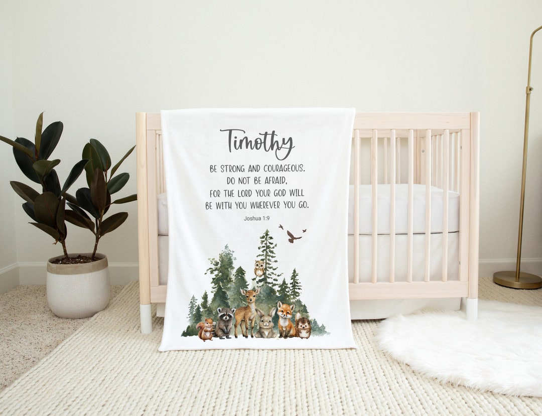 Bible Verse Baby Blanket, Personalized Woodland Blanket, Be Strong and ...