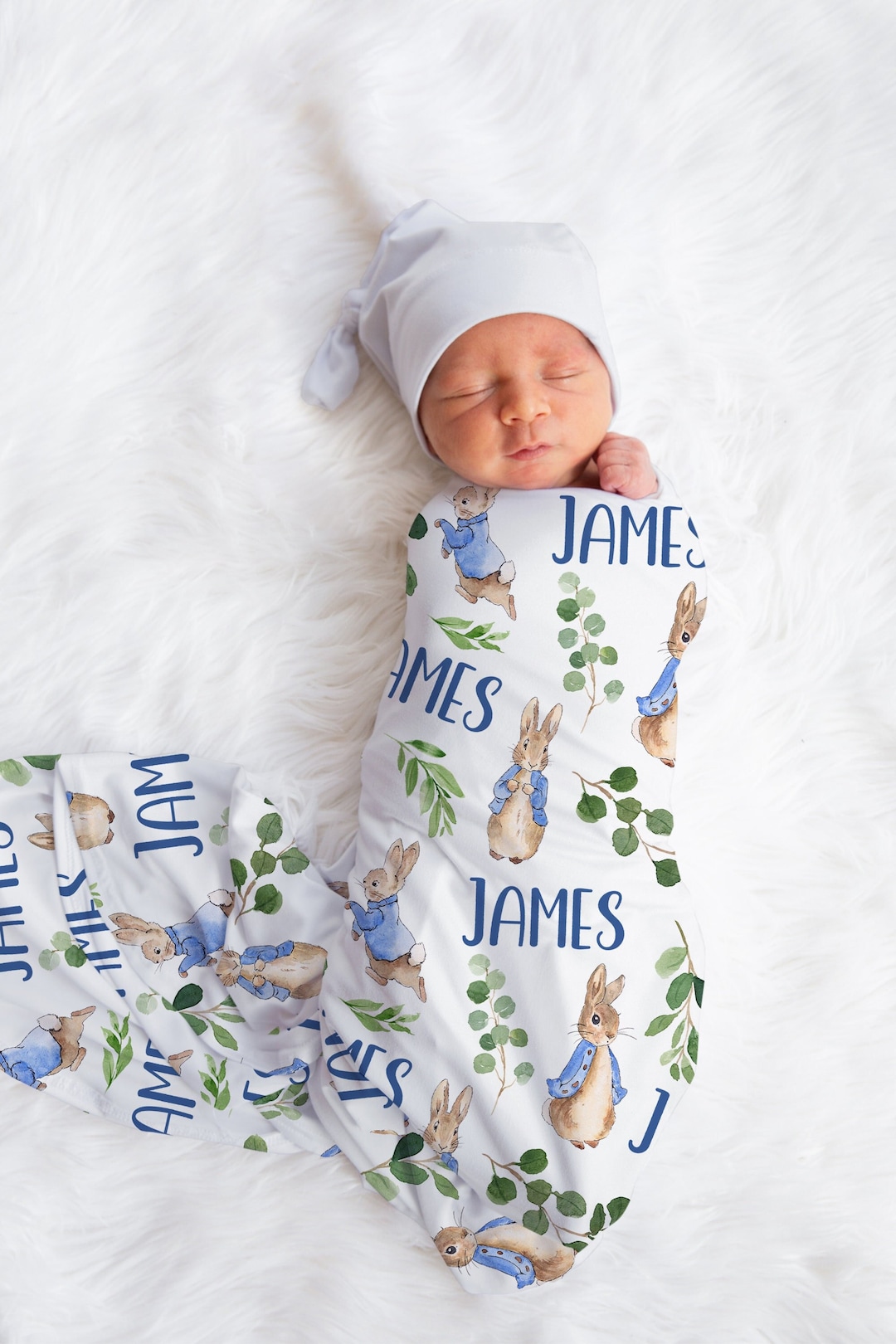 Peter Rabbit Baby Name Swaddle, Greenery Boy Blanket, Personalized ...
