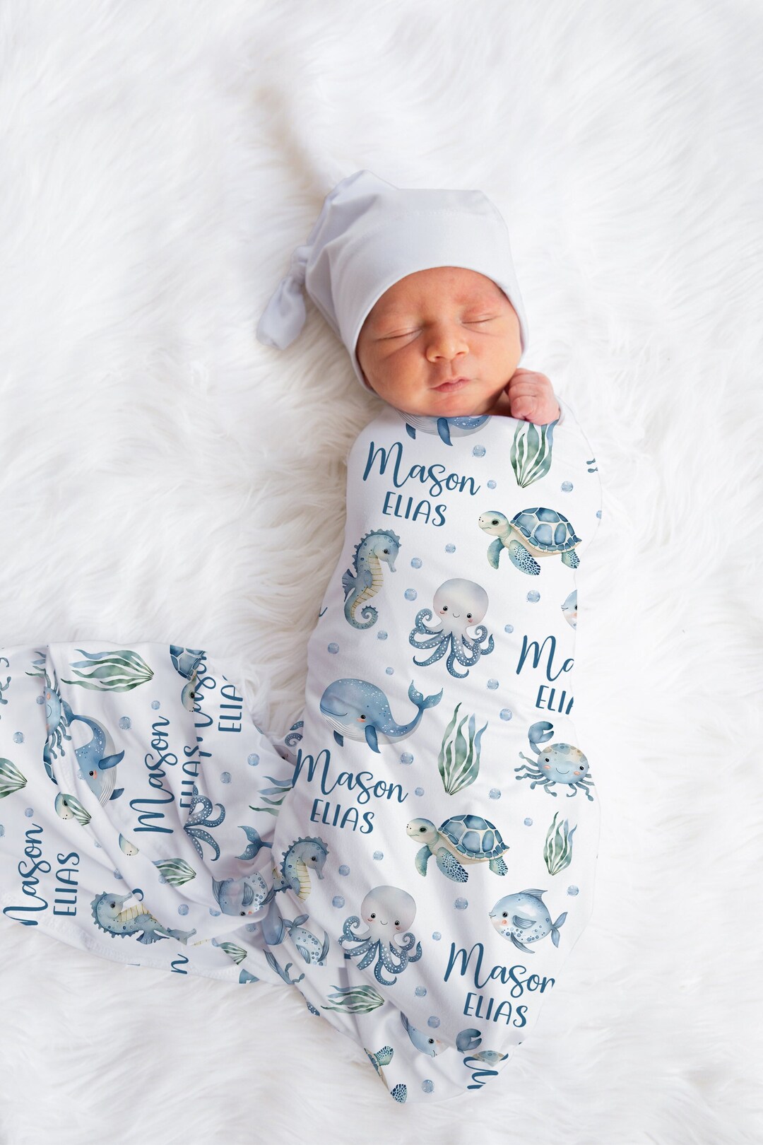 Sea Animals Swaddle Blanket, Ocean Animals Name Blanket, Personalized ...