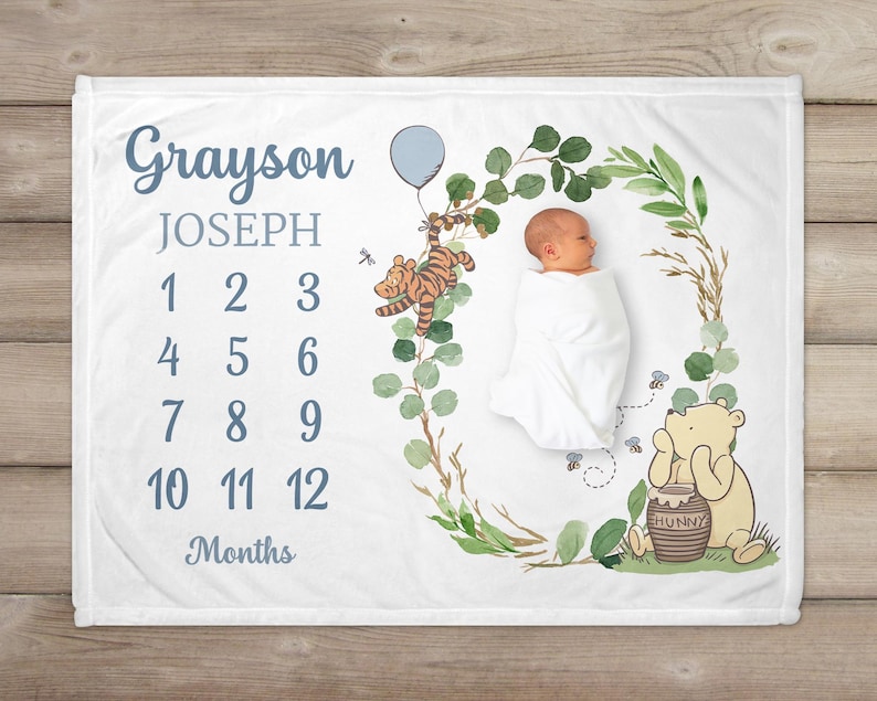 Personalized Classic Winnie the Pooh Baby Boy Milestone Blanket, Custom ...