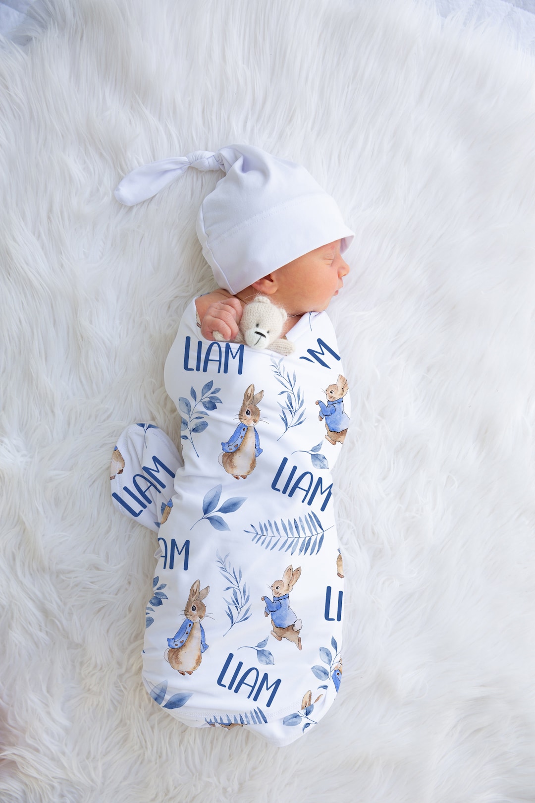 Peter Rabbit Baby Name Swaddle, Blue Greenery Boy Blanket, Personalized ...