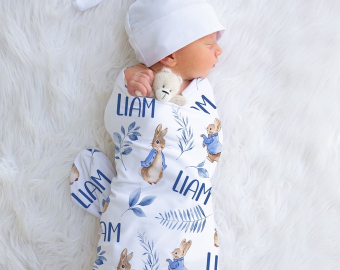 Peter Rabbit Baby Name Swaddle, Blue Greenery Boy Blanket, Personalized ...