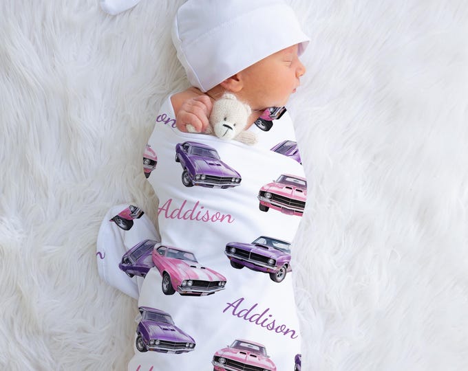 Muscle Cars Baby Name Swaddle, Hot Rods Girl Blanket, Race Cars ...