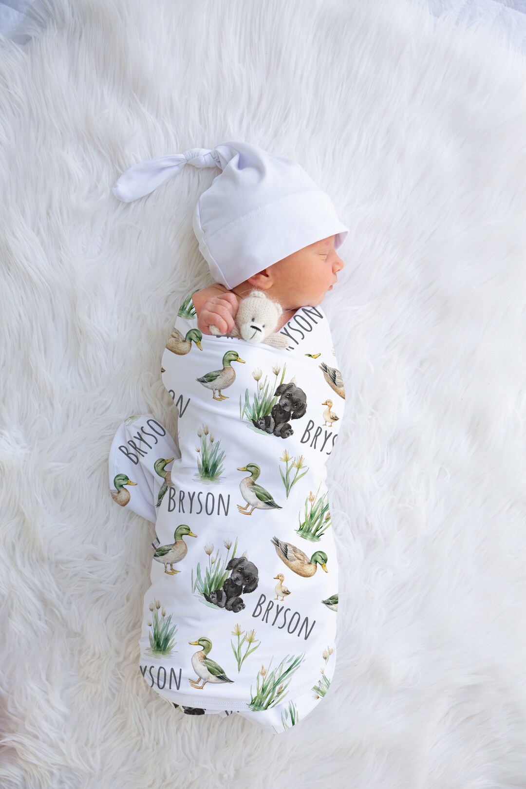 Mallard Ducks Baby Name Swaddle, Baby Boy Blanket, Labrador Puppy, Duck ...