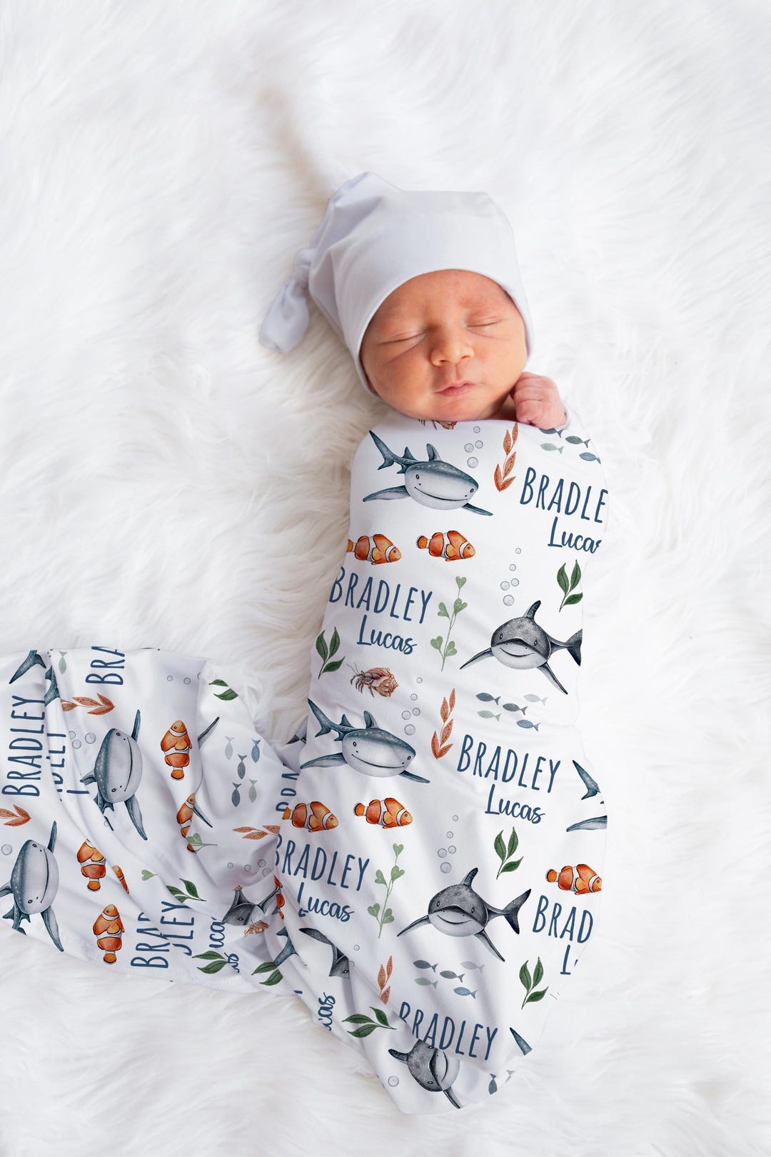 Personalized Sharks Baby Name Blanket, Custom Ocean Swaddle Blanket ...