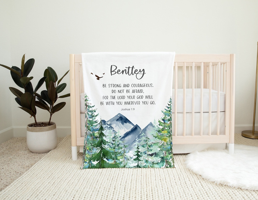 Bible Verse Baby Blanket, Personalized Woodland Blanket, Be Strong and ...