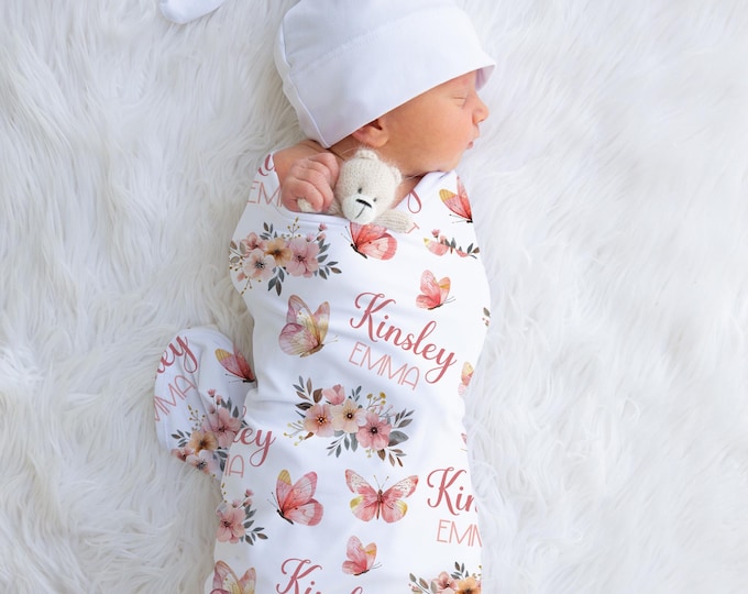 PINK BUTTERFLY Swaddle Blanket PERSONALIZED Newborn Baby Girl Coming ...