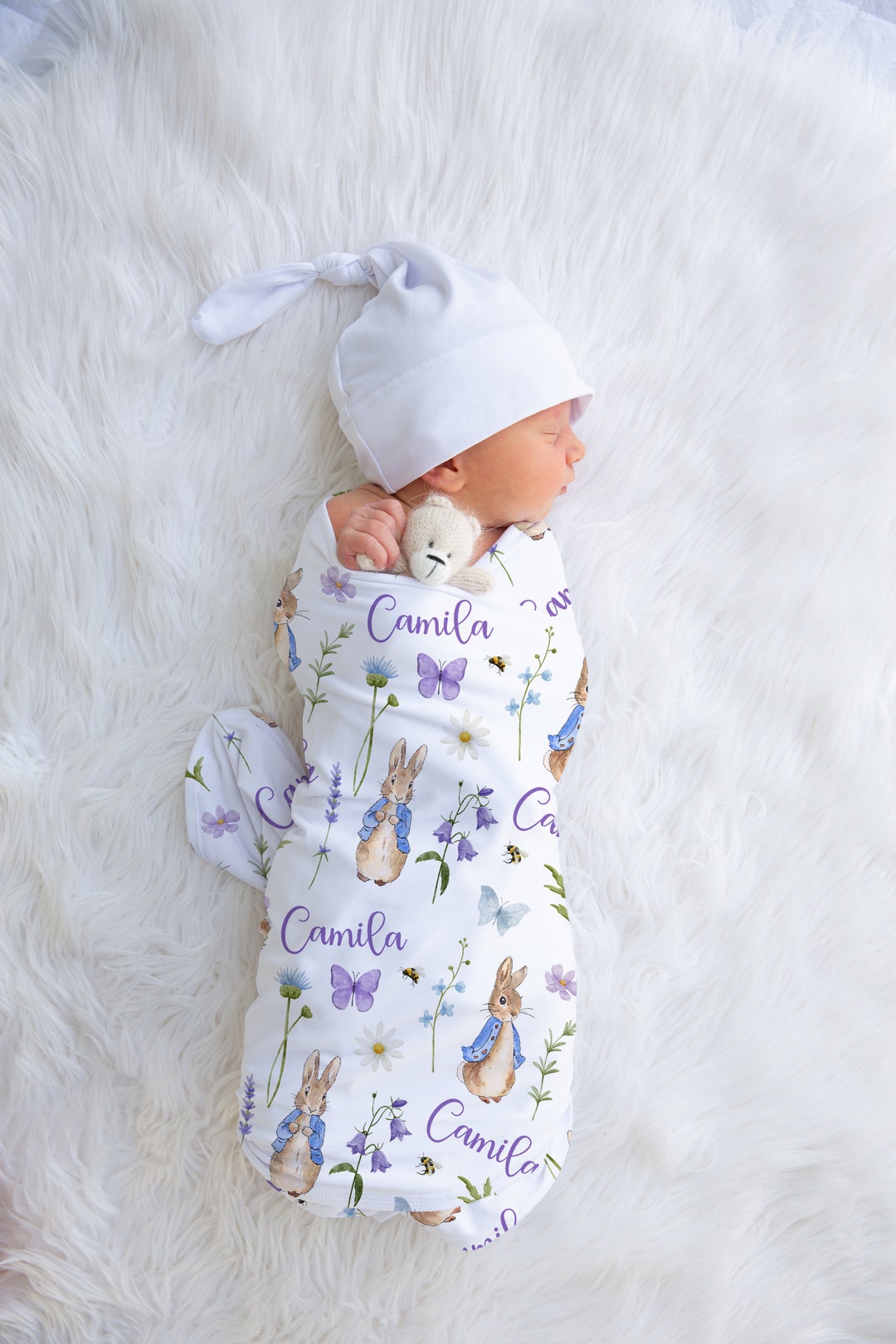 Peter Rabbit Flopsy Baby Girl Name Swaddle, Purple Blue Floral Blanket ...