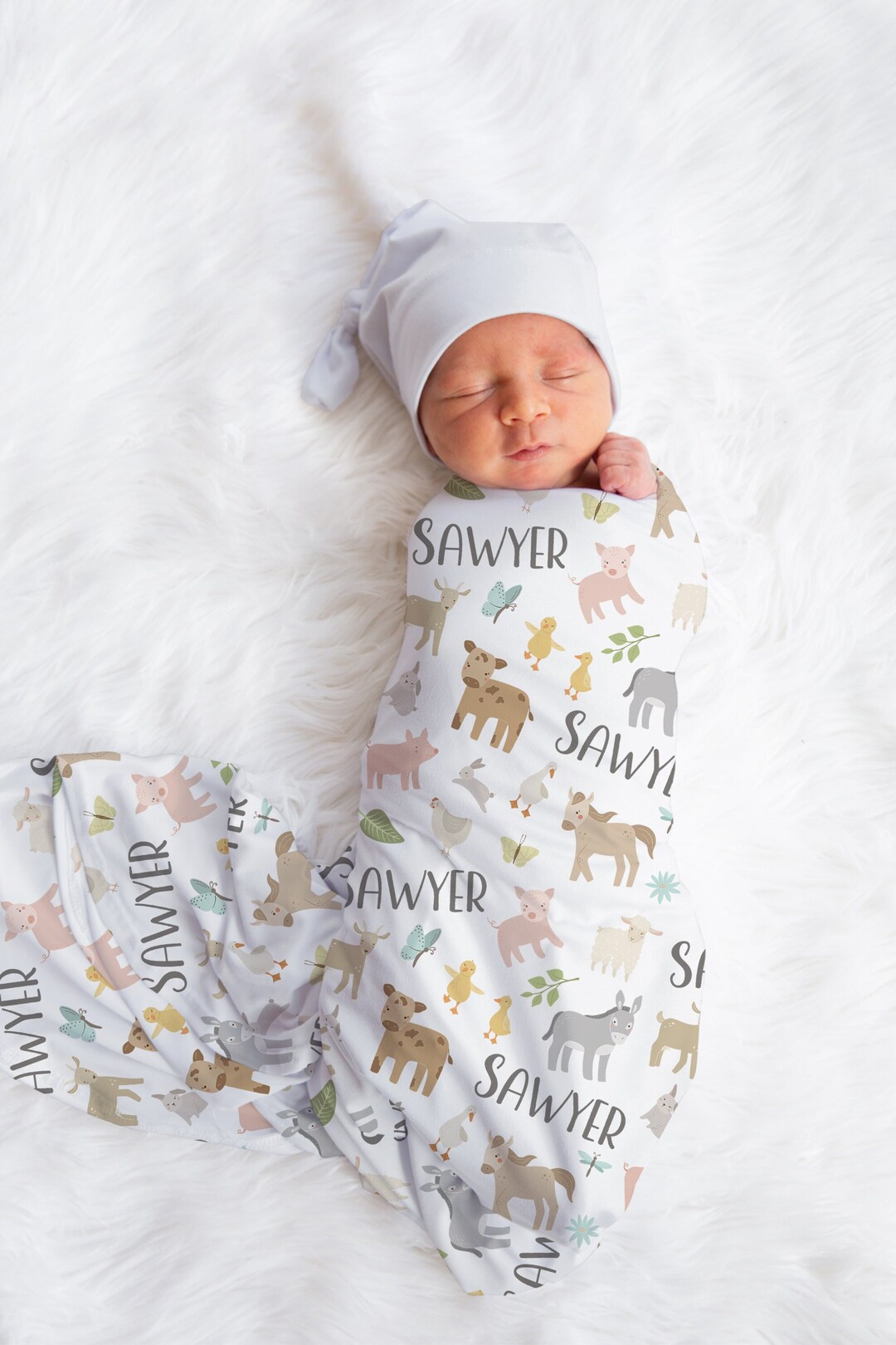 Personalized Baby Boy Farm Animals Swaddle Blanket, Custom Name Blanket ...